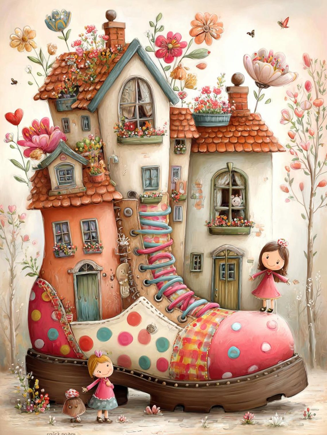 Whimsical Shoe House With Flowers – Hand-painted Fairytale Illustration ...