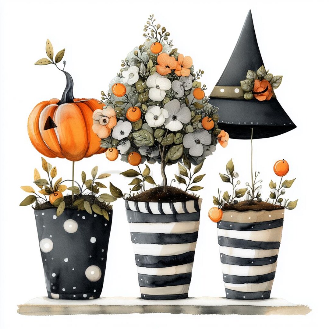 Halloween Pots 2, Pumpkin Topiary, Fall Planters, Striped Pots, Spooky ...