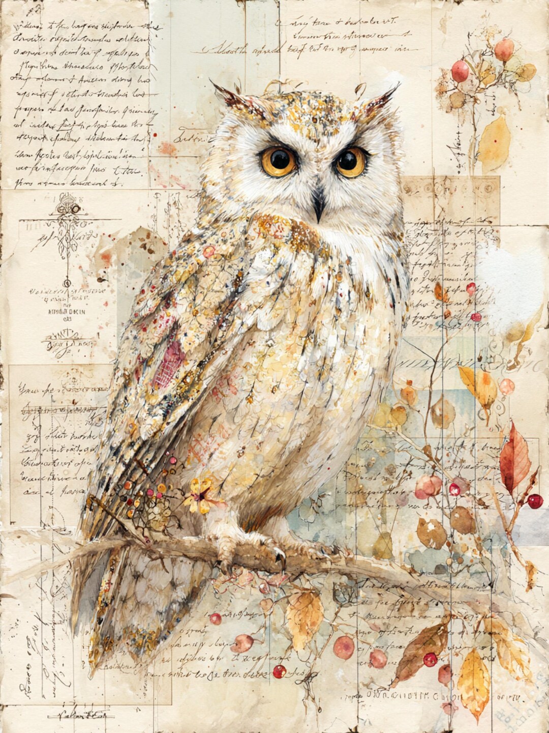 Owl Art Print, Vintage Owl, Script Owl Art, Watercolor Owl, Wise Owl ...