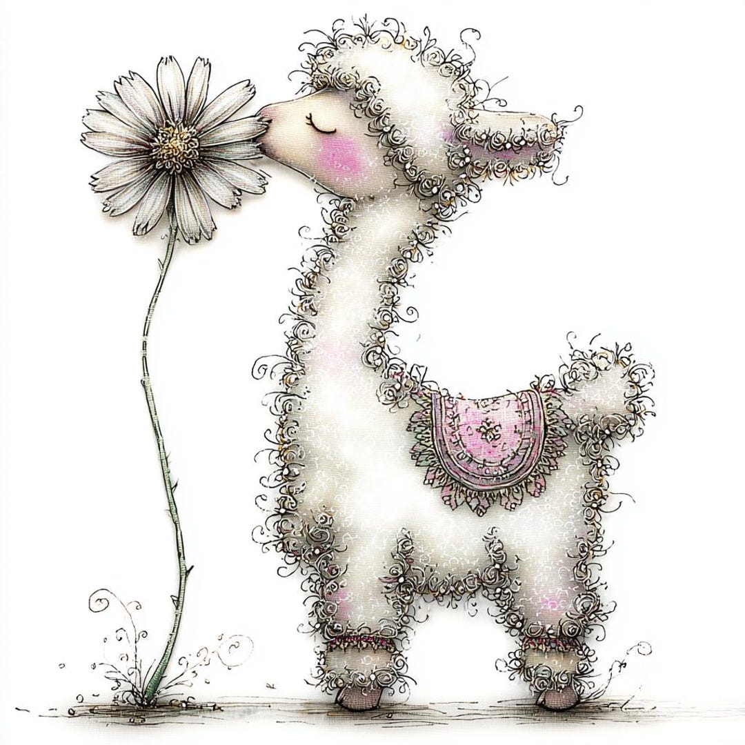 Whimsical Llama With Daisy Flower CLIPART Soft Sketch Style - Etsy