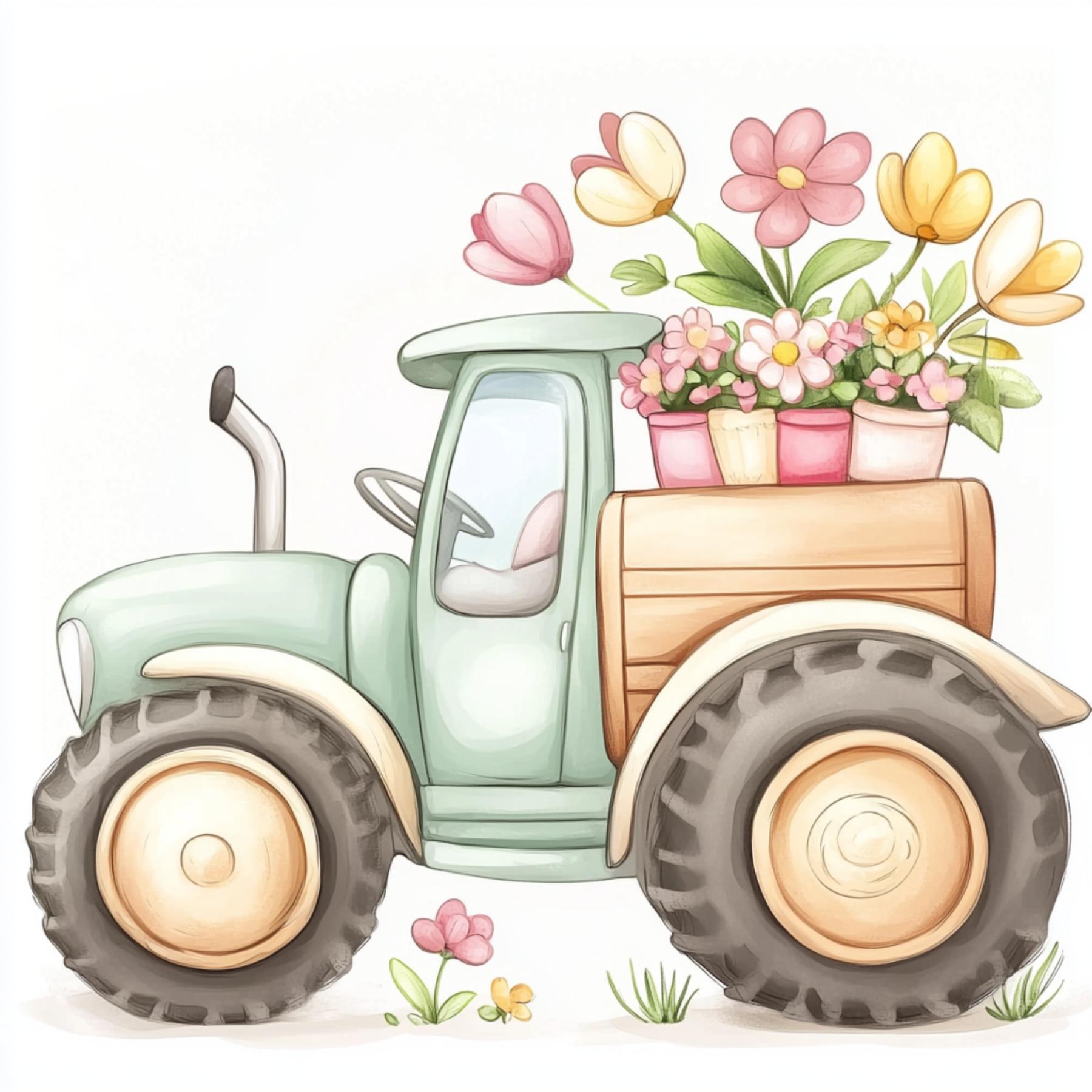 Petal and Plow, Flower Tractor Art, Cute Farm Truck, Pastel Tractor ...