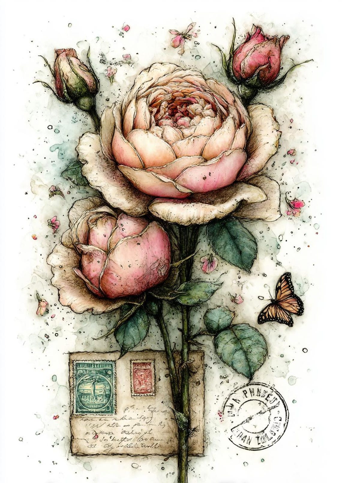 Rose Mail Clipart, Floral Letter Illustrations, Romantic Stamp Art ...
