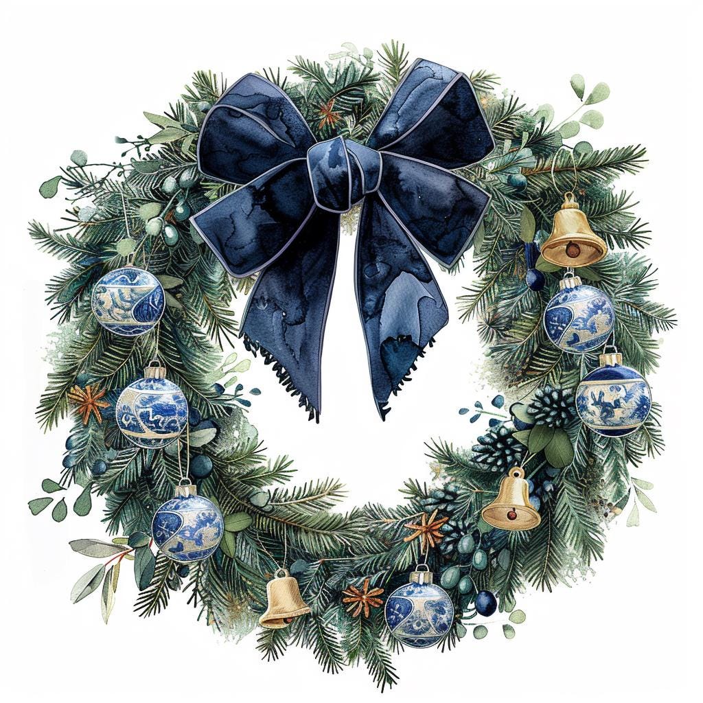 Blue Christmas, Festive Wreath, Holiday Decor, Chinoiserie, Navy Bow ...