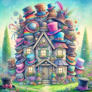 Mad Hatters Mansion, Whimsical House, Top Hat House, Watercolor Art ...