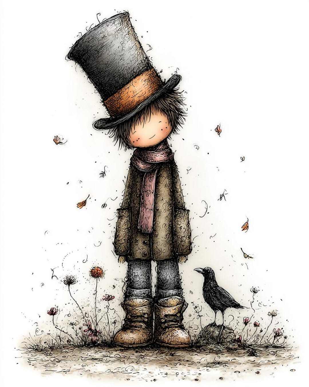 Crow Tales – Whimsical Ink & Watercolor Art Print, Rustic Steampunk Boy ...