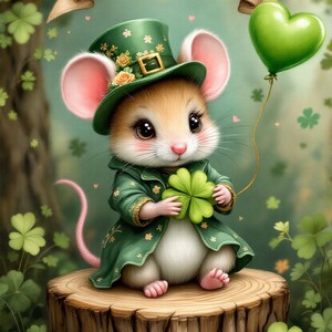 St Patricks Day Mouse, Cute Mouse Clipart, Lucky Clover, Whimsical ...