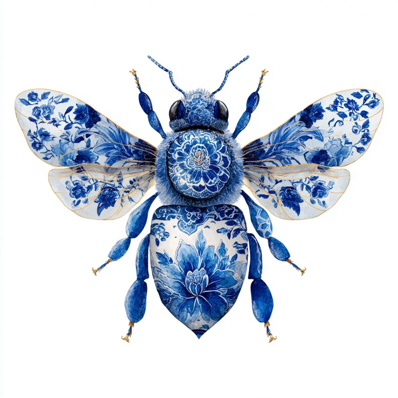Chinoiserie Bee, Floral Bee Design, Porcelain Bee, Indigo Bee Print ...
