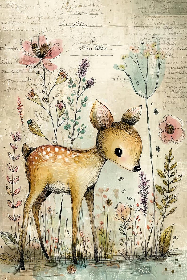 Baby Deer, Woodland Art, Fawn Flowers, Forest Animal, Vintage Print ...