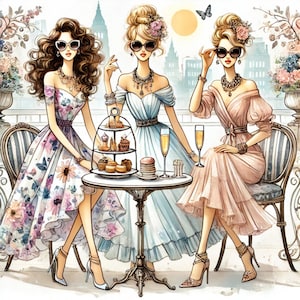 Ladies Who Lunch, Café Scene Illustration, Watercolor Ladies Art, Chic ...