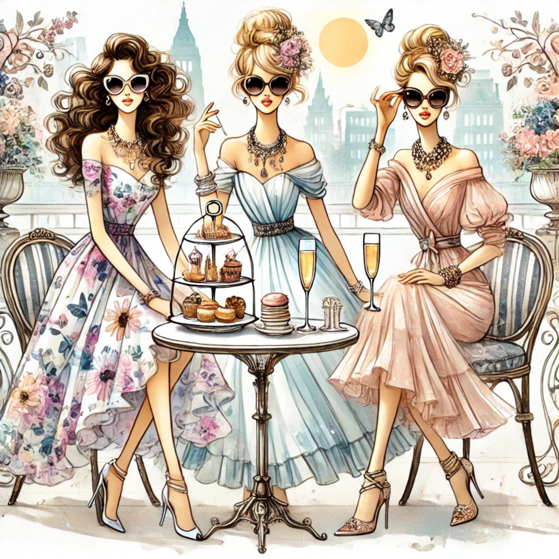 Ladies Who Lunch, Café Scene Illustration, Watercolor Ladies Art, Chic ...