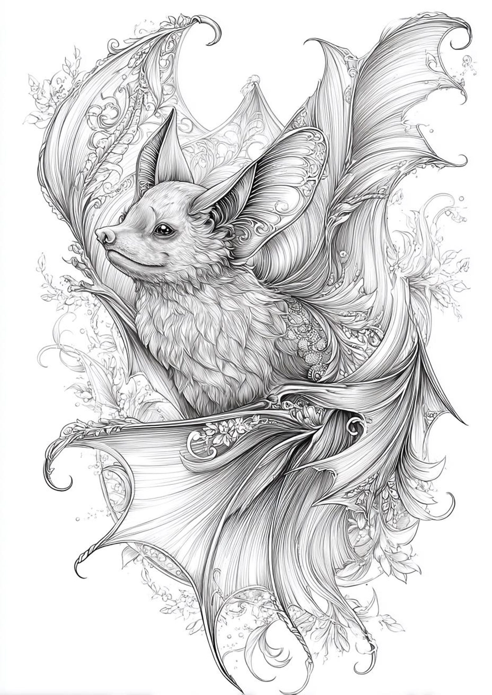 Baroque Batlings, Fantasy Bat Art, Bat Line Art, Gothic Bat Print ...
