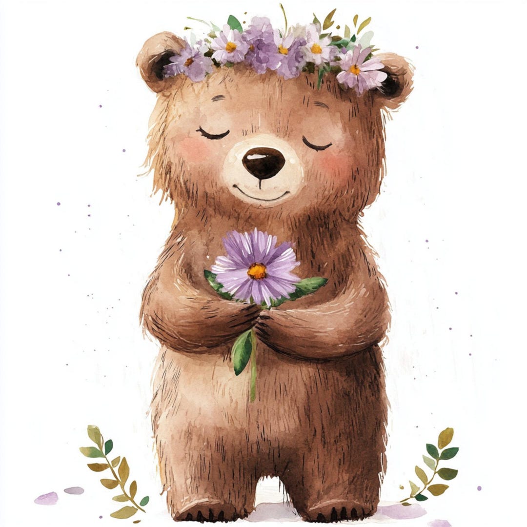 Bear With Flowers, Cute Bear Art, Baby Woodland, Girl Nursery Bear ...
