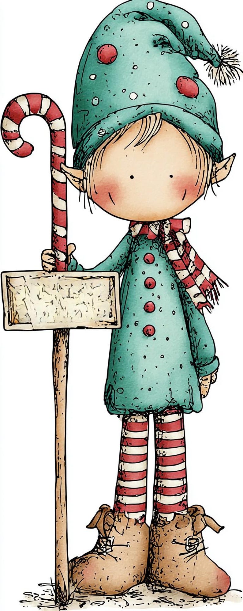 Peppermint Elf Clipart, Christmas Elf With Candy Cane and Sign ...