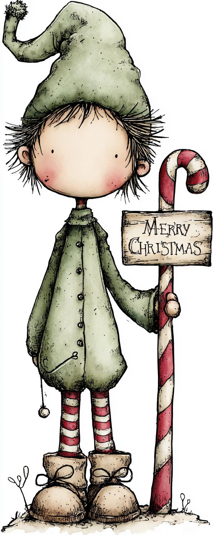 Merry Elf Clipart, Whimsical Christmas Elf With Candy Cane Sign ...