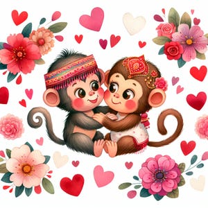 Monkey Love, Whimsical Clipart, Valentines Day, 14th February, Romance ...