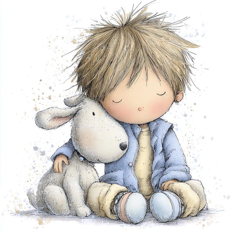 Boy and Puppy CLIPART, Soft Pastel Child Illustration, Gentle Storybook ...