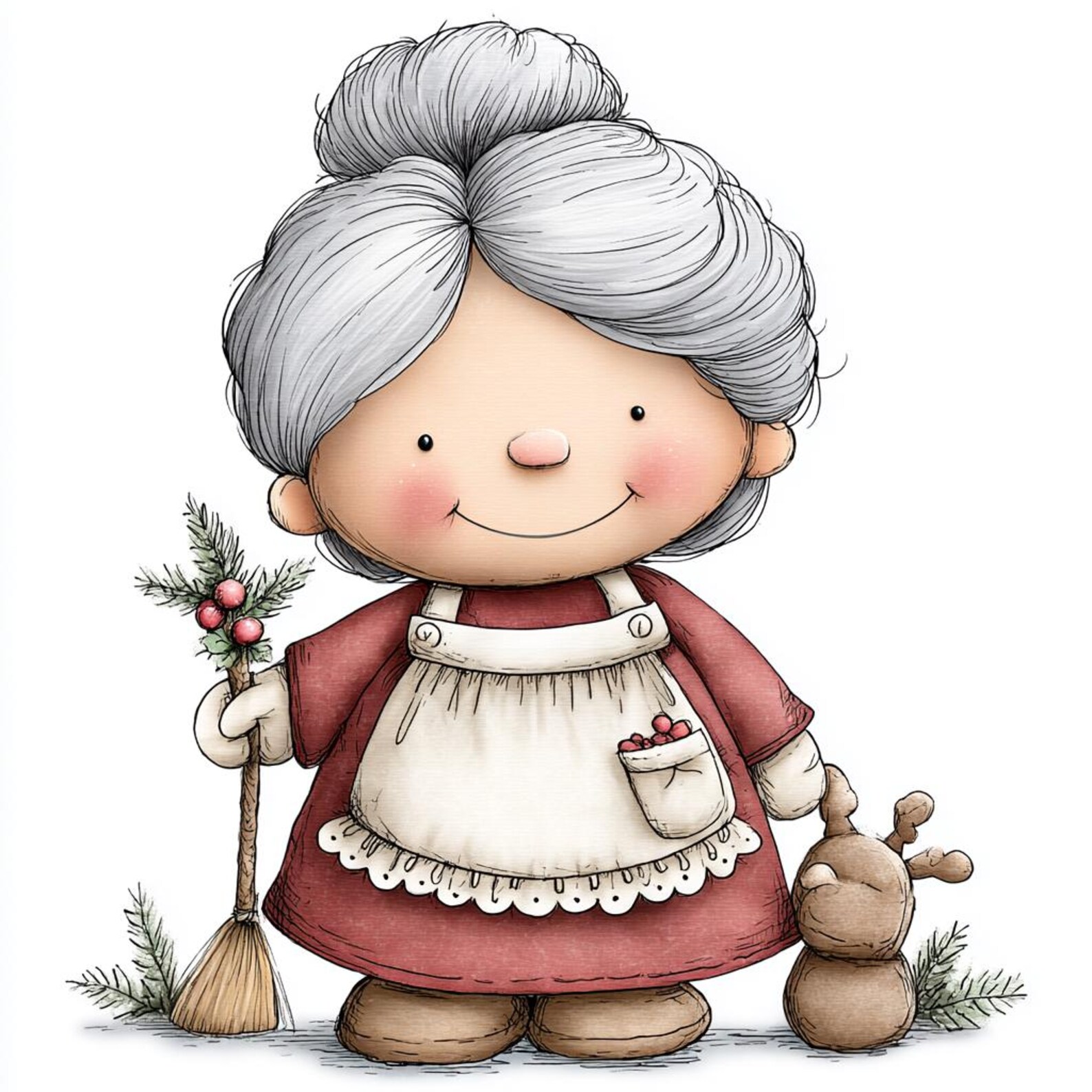 Cute Weeble-style Mrs. Claus Illustration in Red Dress With Apron and ...