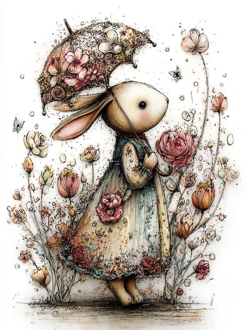 Rainy Day Bunny Clipart, Floral Umbrella Rabbit Art, Whimsical Spring ...