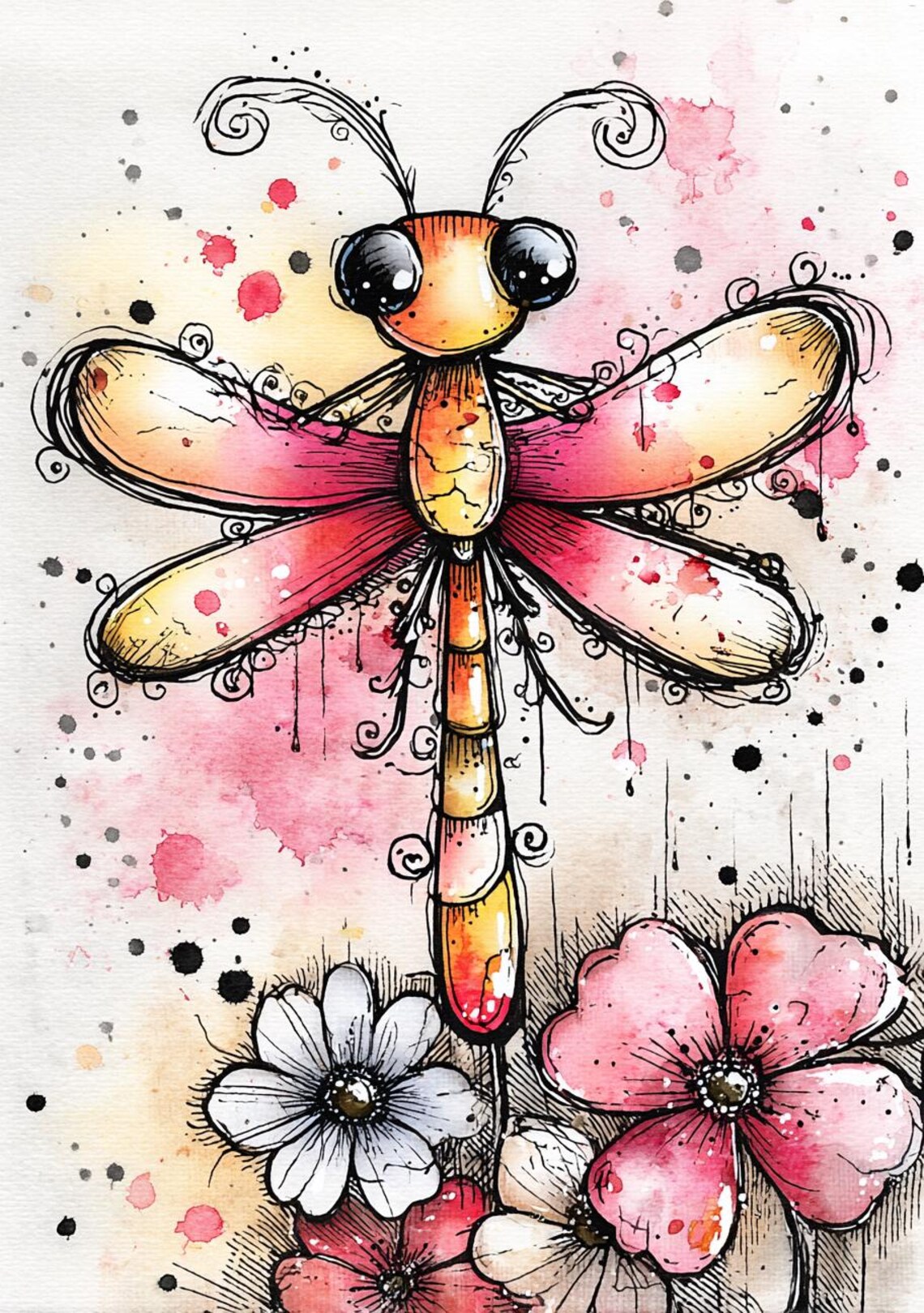 Cute Dragonfly, Floral Insect, Watercolor Bug, Pink Flower Art ...