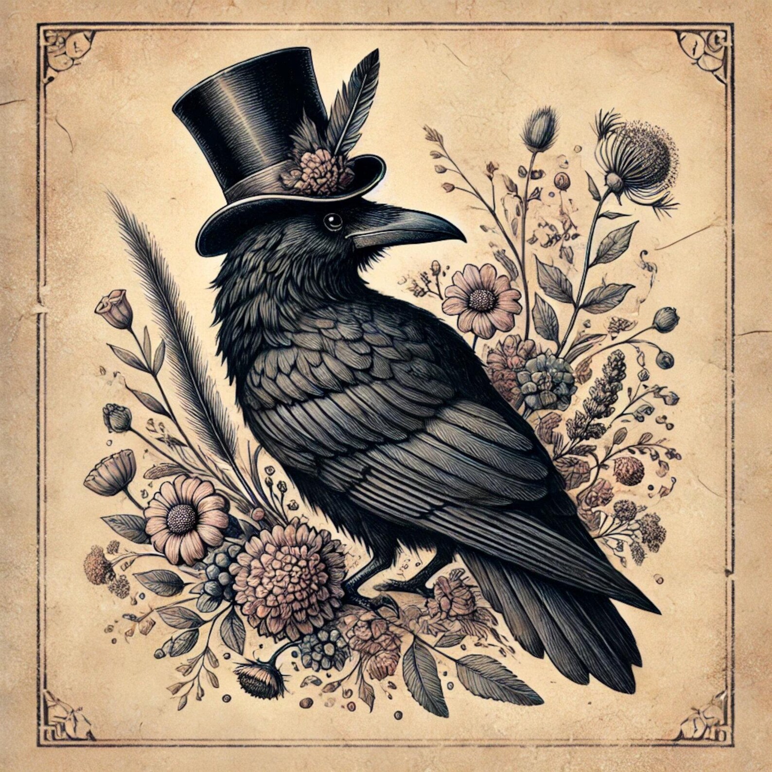 The Raven, Raven Art, Gothic Raven, Vintage Bird Art, Floral Raven, Top ...
