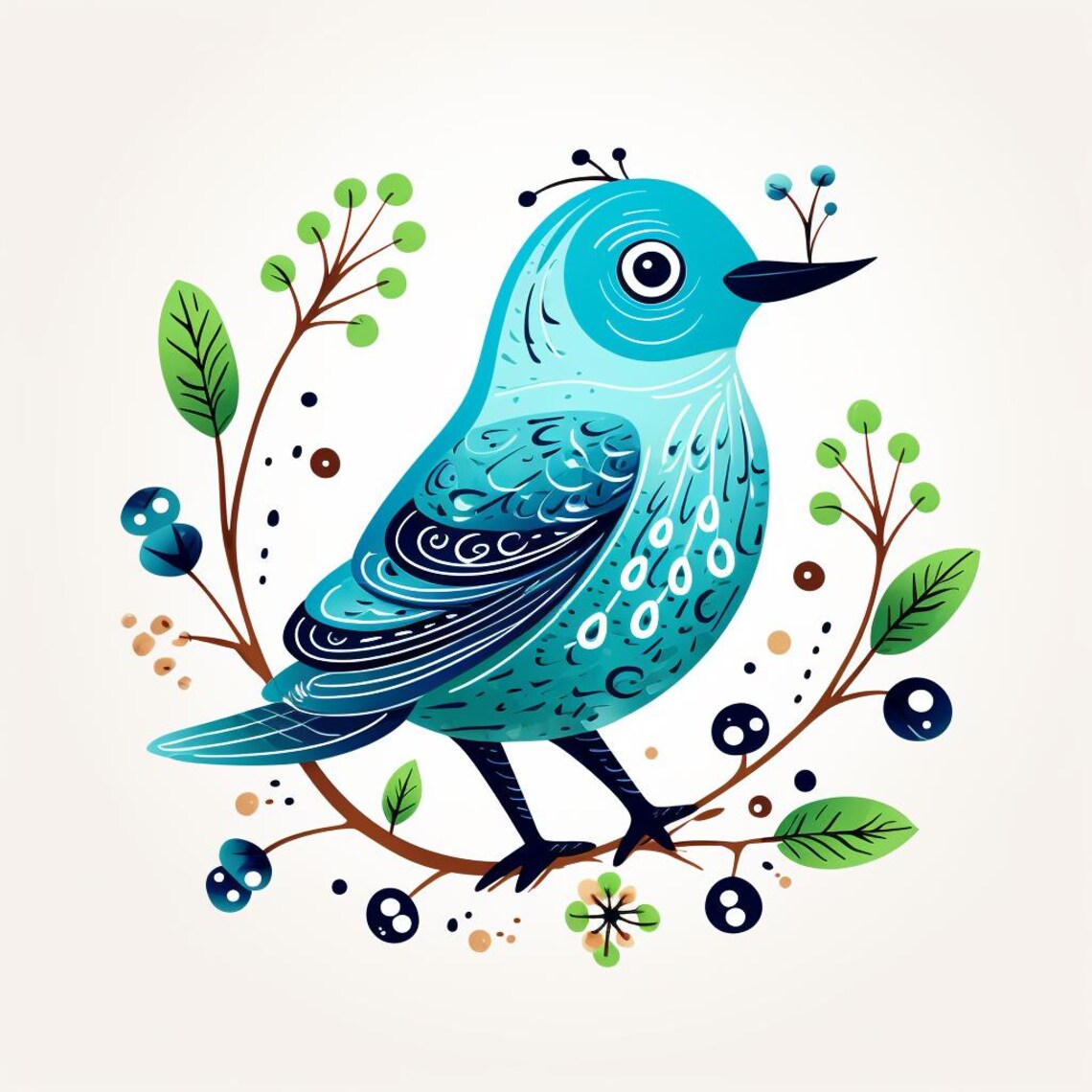 Decorative Bird, Blue Songbird, Folk Bird, Stylized Sparrow, Ornate ...