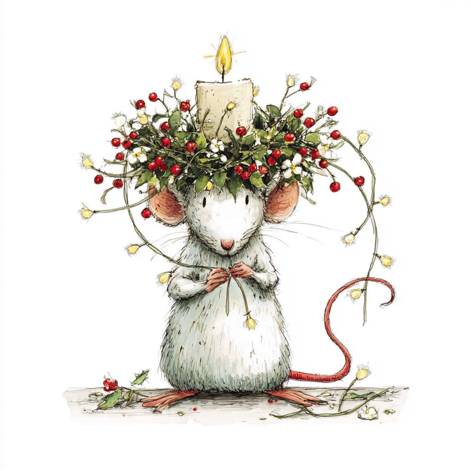 Christmas Mouse, Holly Crown, Festive Candle, Woodland Mouse, Holiday ...