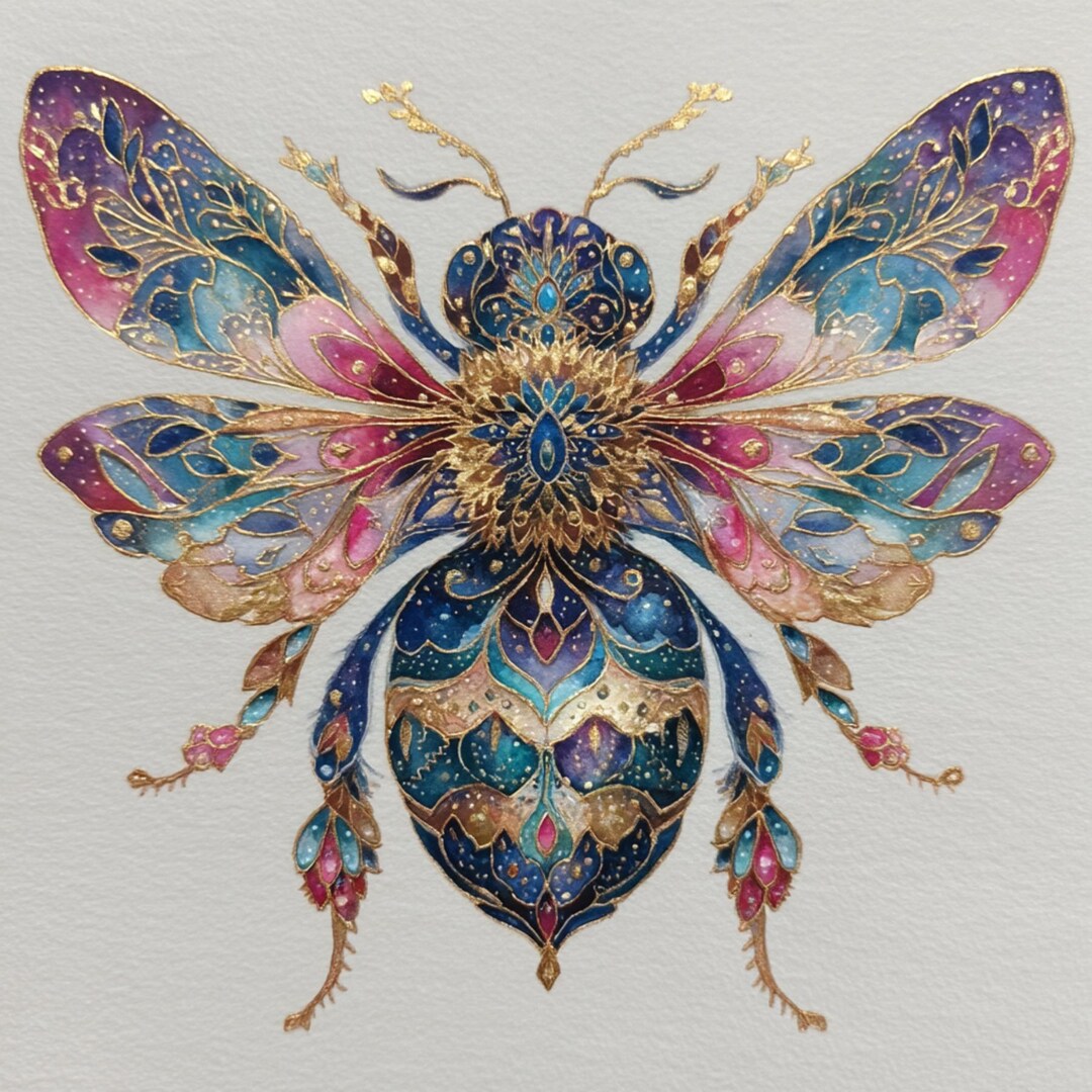 Sacred Bee Art, Ornate Bee Clip, Gold Bee Design, Boho Bug Print ...