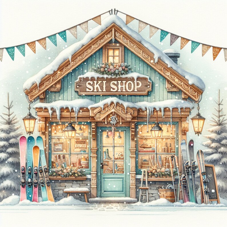 Ski Shop Clipart, Winter Shop Art, Snowy Cabin Clipart, Ski Lodge Art ...