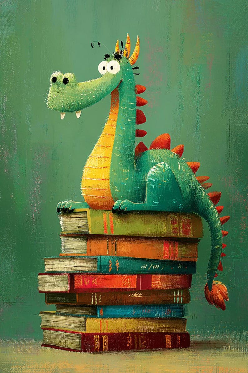 Storytime Dragon Stack CLIPART, Whimsical Reading Dragon Illustration ...