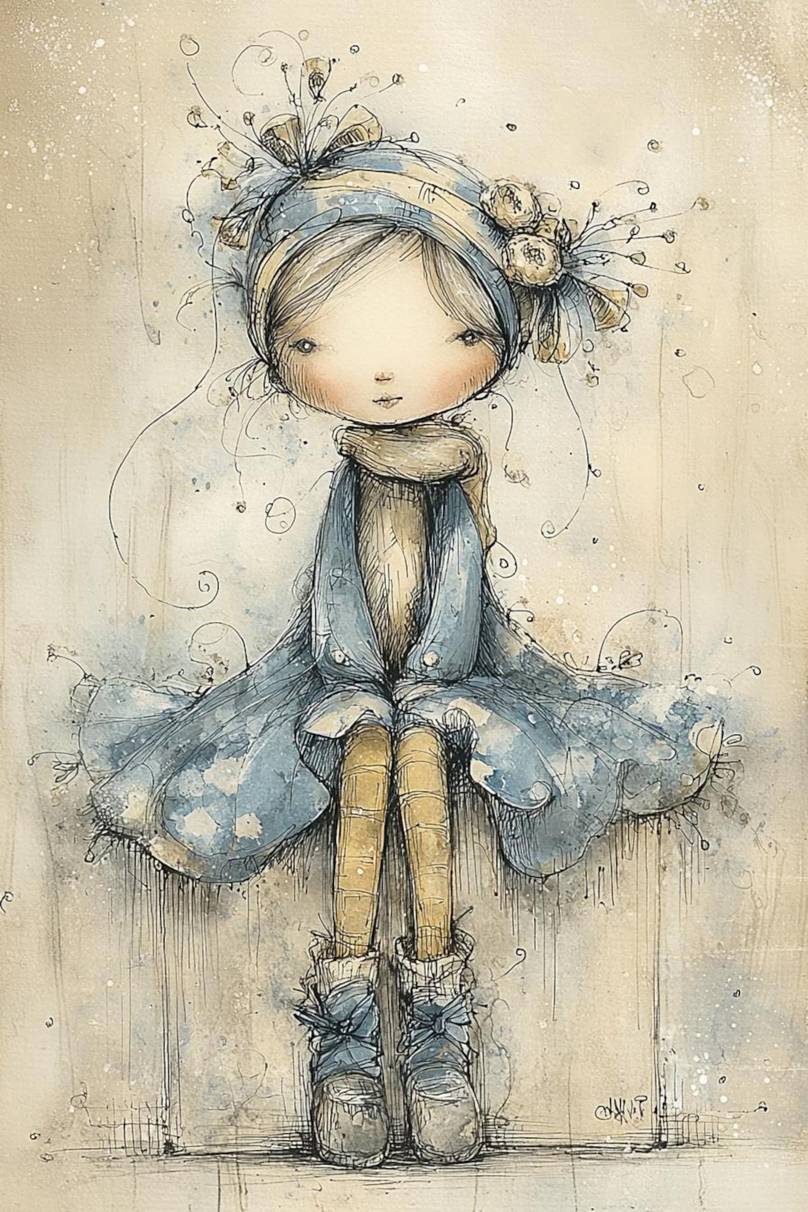 Whimsical Doll, Winter Girl Art, Cozy Kid Sketch, Blue Coat Girl, Cute ...