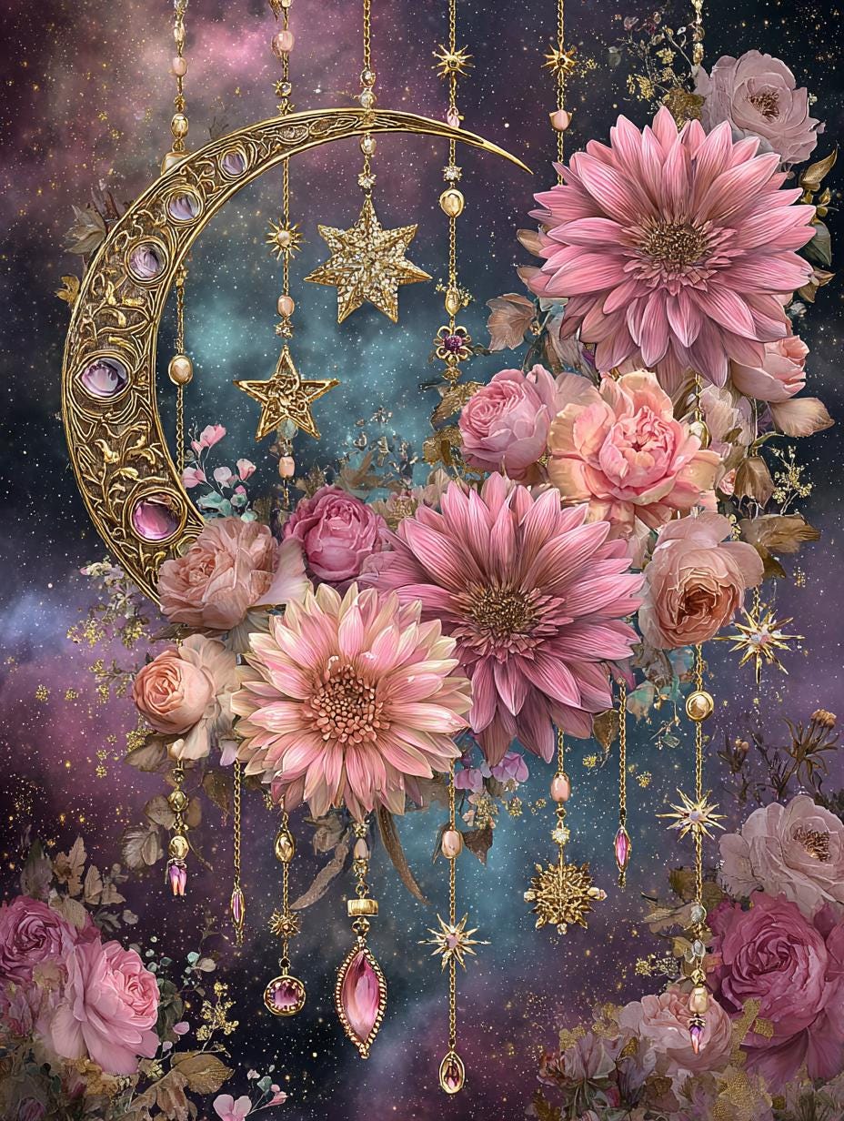 Celestial Moon CLIPART, Ornate Lunar Frame With Pink Florals, Starry ...