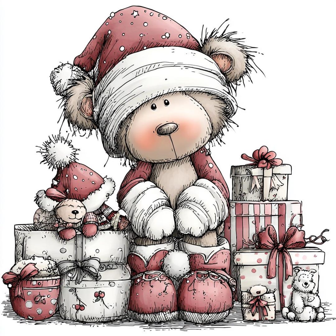 Christmas Teddy Bear PNG Set, Cute Bear With Presents, Red and White ...