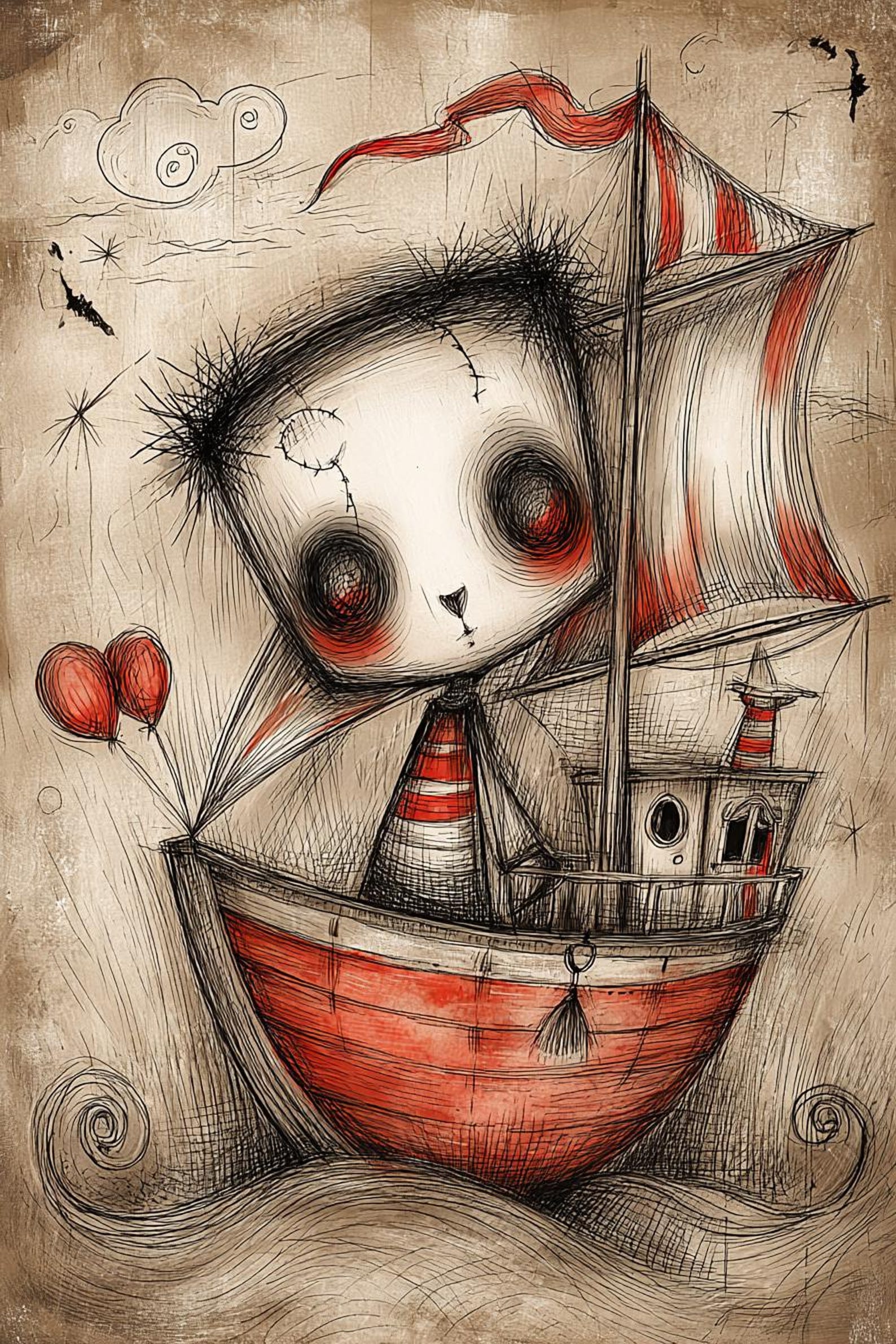 Gothic Ship, Spooky Boat, Eerie Voyage, Creepy Cute, Haunted Art, Red ...