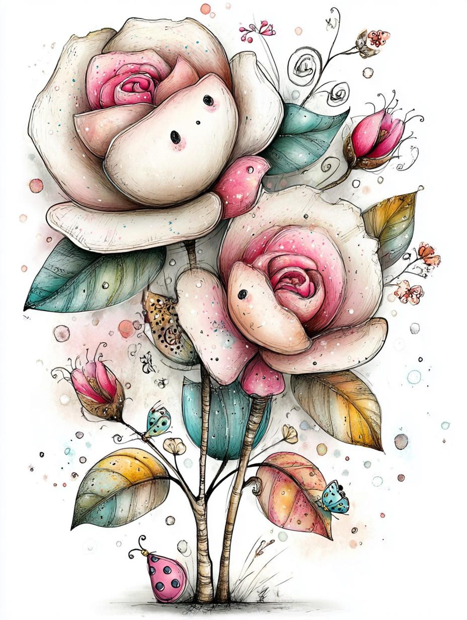 Whimsical Roses, Dreamy Floral PNG Set, Watercolor Ink Flowers ...