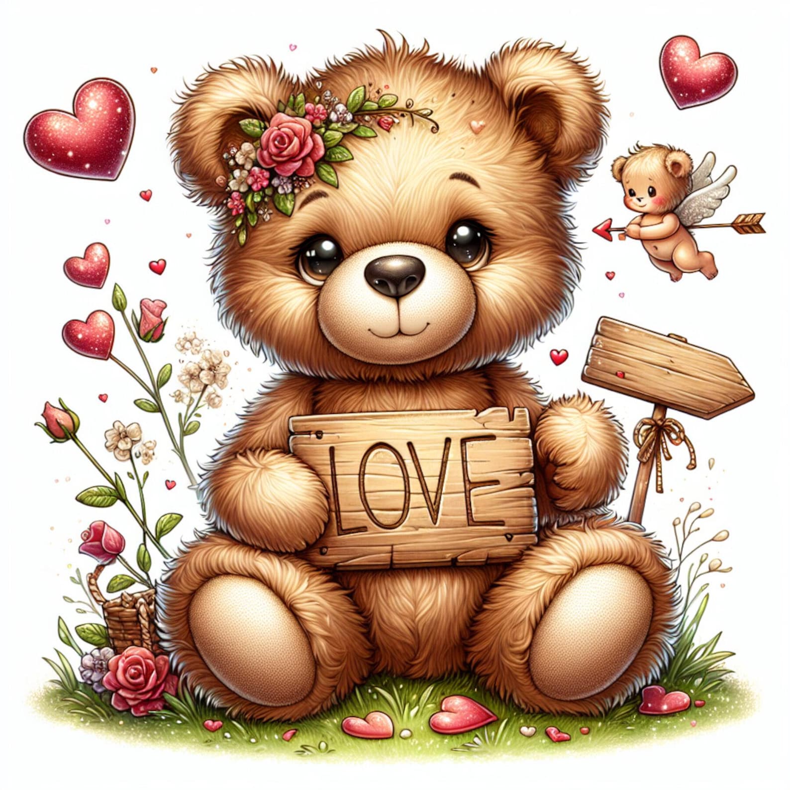 Love Bears, Teddy Bear, Love Theme, Cupid Bear, Floral Accents ...