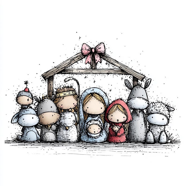 Whimsical Nativity Doodle Set, Hand-drawn Christmas PNG, Holy Family ...