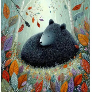 Sleepy Bear, Forest Bear, Autumn Bear, Cozy Animal Art, Nighttime Bear ...