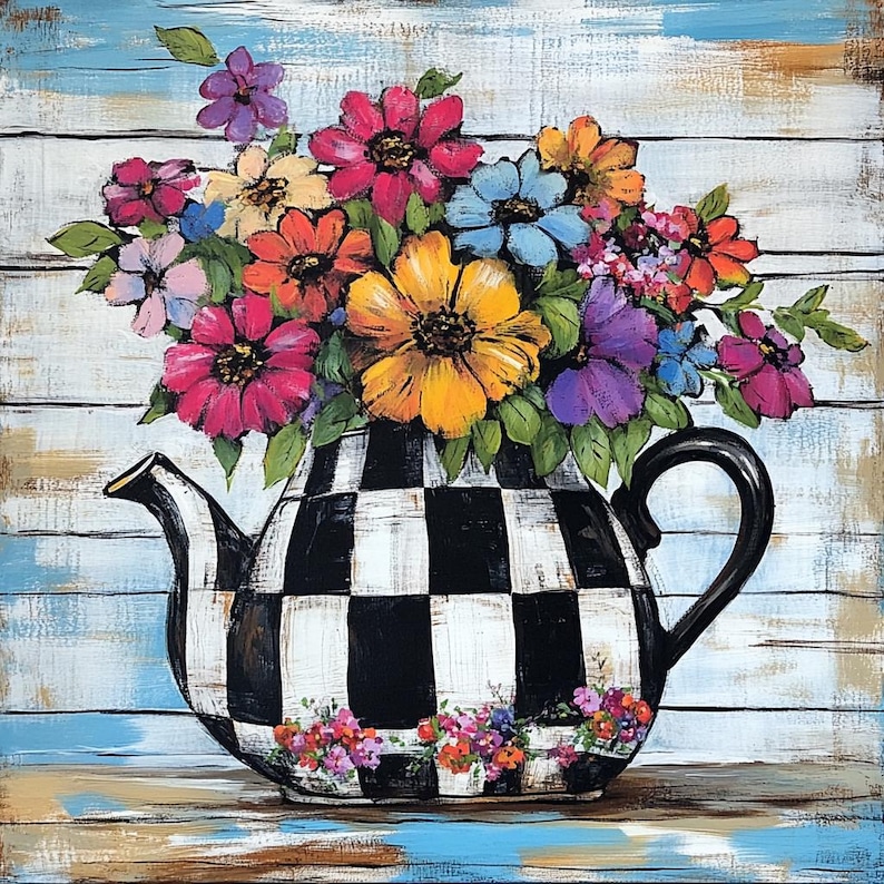 Checkered Teapot Flowers CLIPART, Rustic Farmhouse Floral Arrangement ...