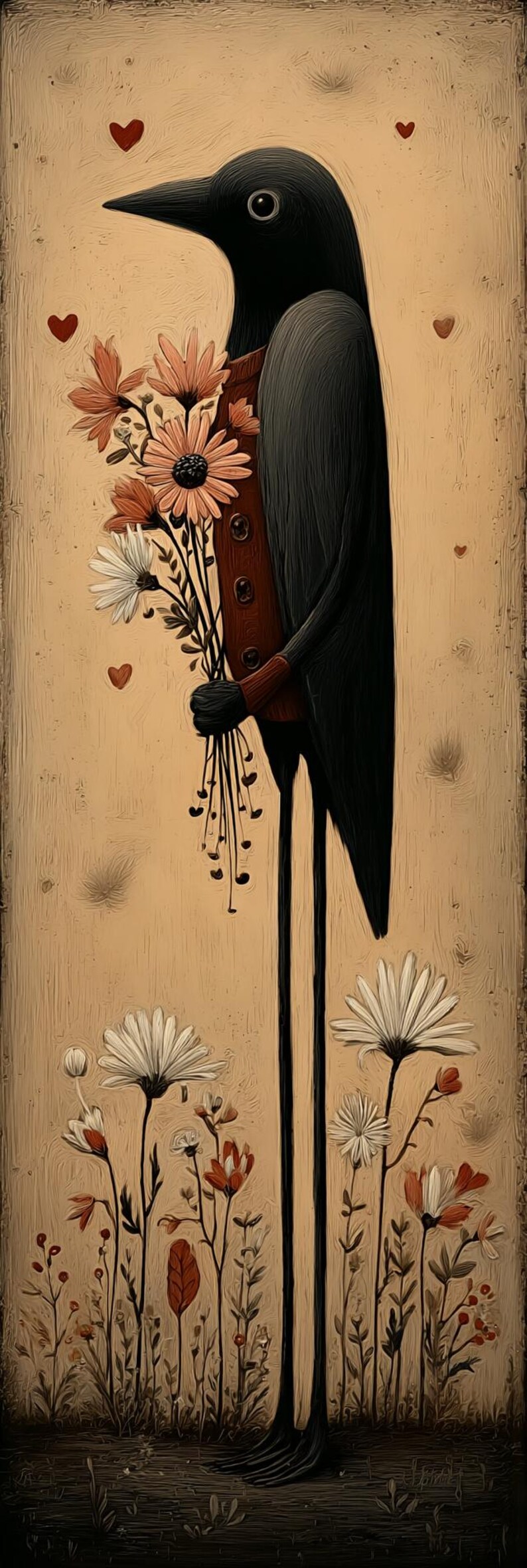 Crow With Flowers CLIPART, Folk Bird Illustration, Valentine Hearts ...