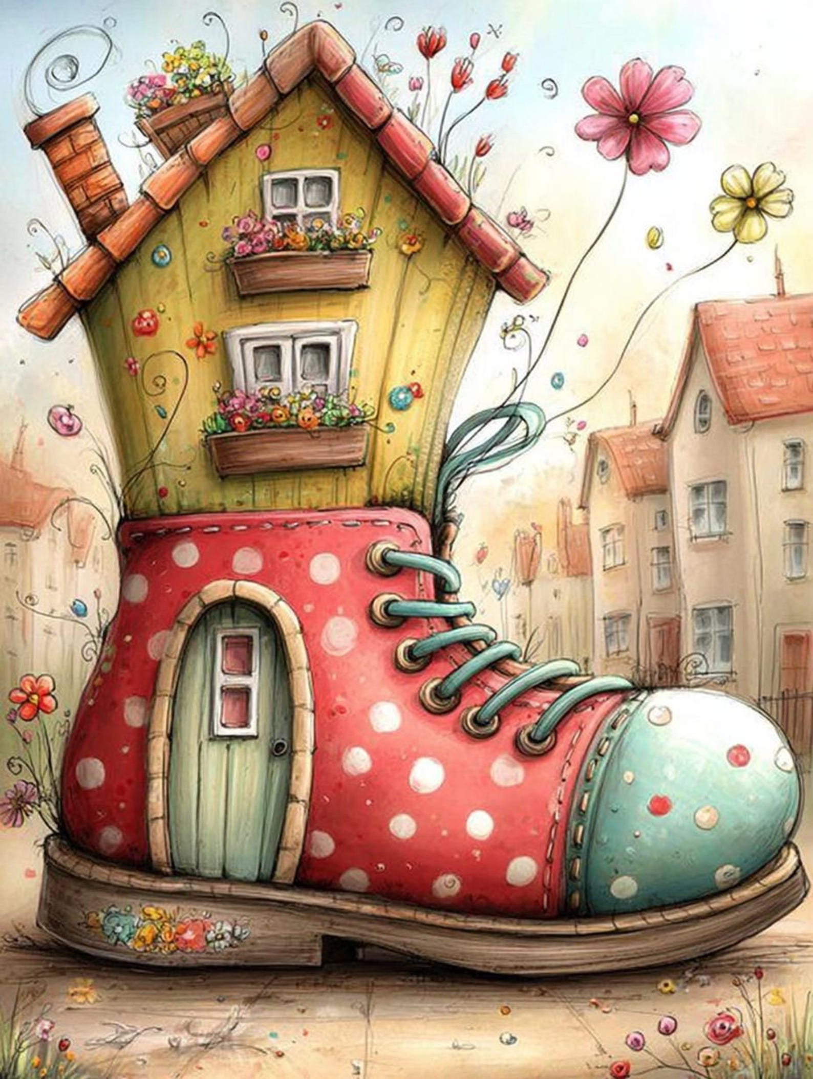 Whimsical Shoe House With Flowers – Hand-painted Fairytale Illustration ...