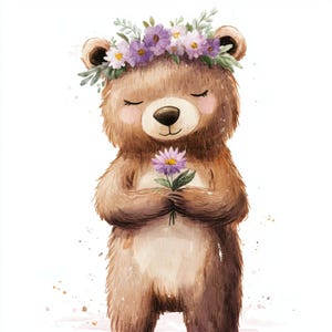 Bear With Flowers, Cute Bear Art, Baby Woodland, Girl Nursery Bear ...