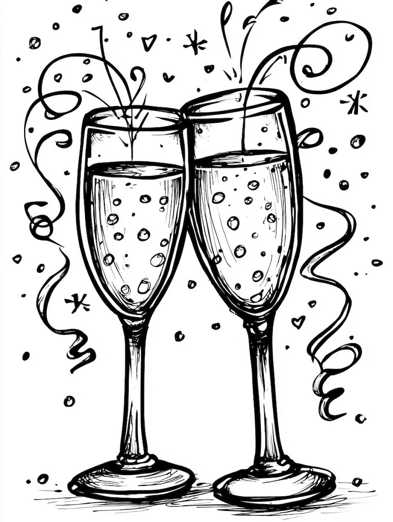 Champagne Glasses PNG Set, Hand-drawn Toasting Flutes With Bubbles, New ...