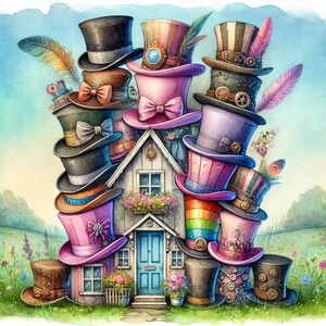 Mad Hatters Mansion, Whimsical House, Top Hat House, Watercolor Art ...