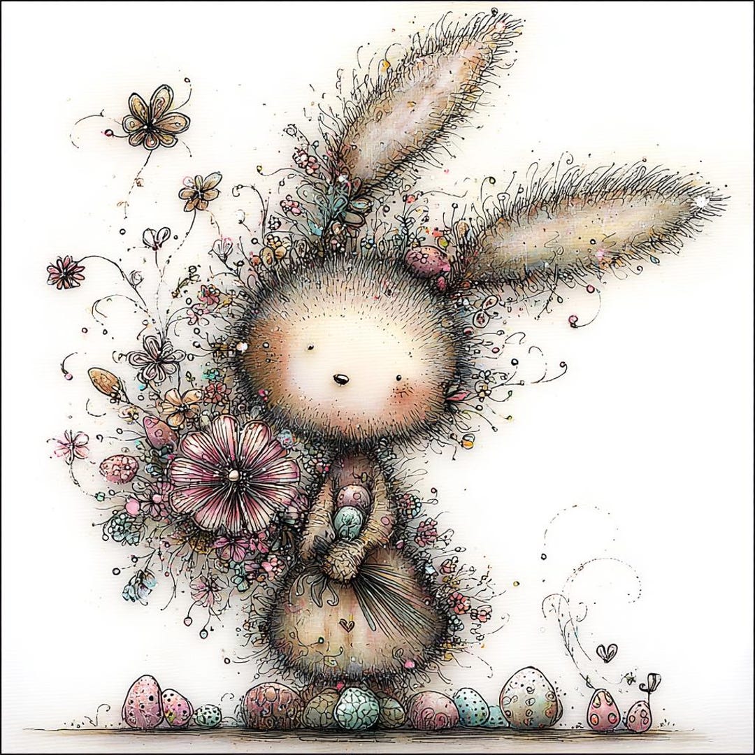 Easter Bunny With Flowers CLIPART Sketch Style Spring Illustration - Etsy