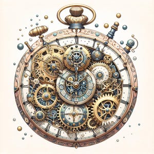 Steampunk Pocket Watch, Whimsical Design, Watercolor Art, Minimalist ...