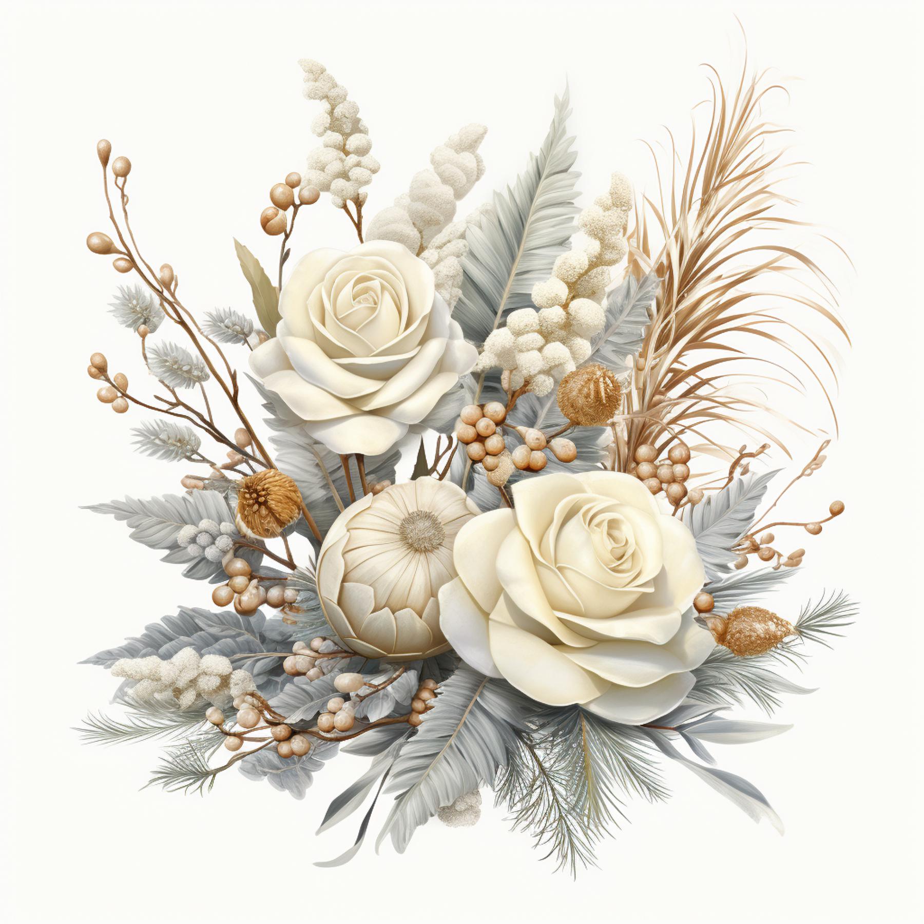 Winter Floral, Xmas Decor, Pine Sprigs, Cream Roses, Holiday Clipart ...