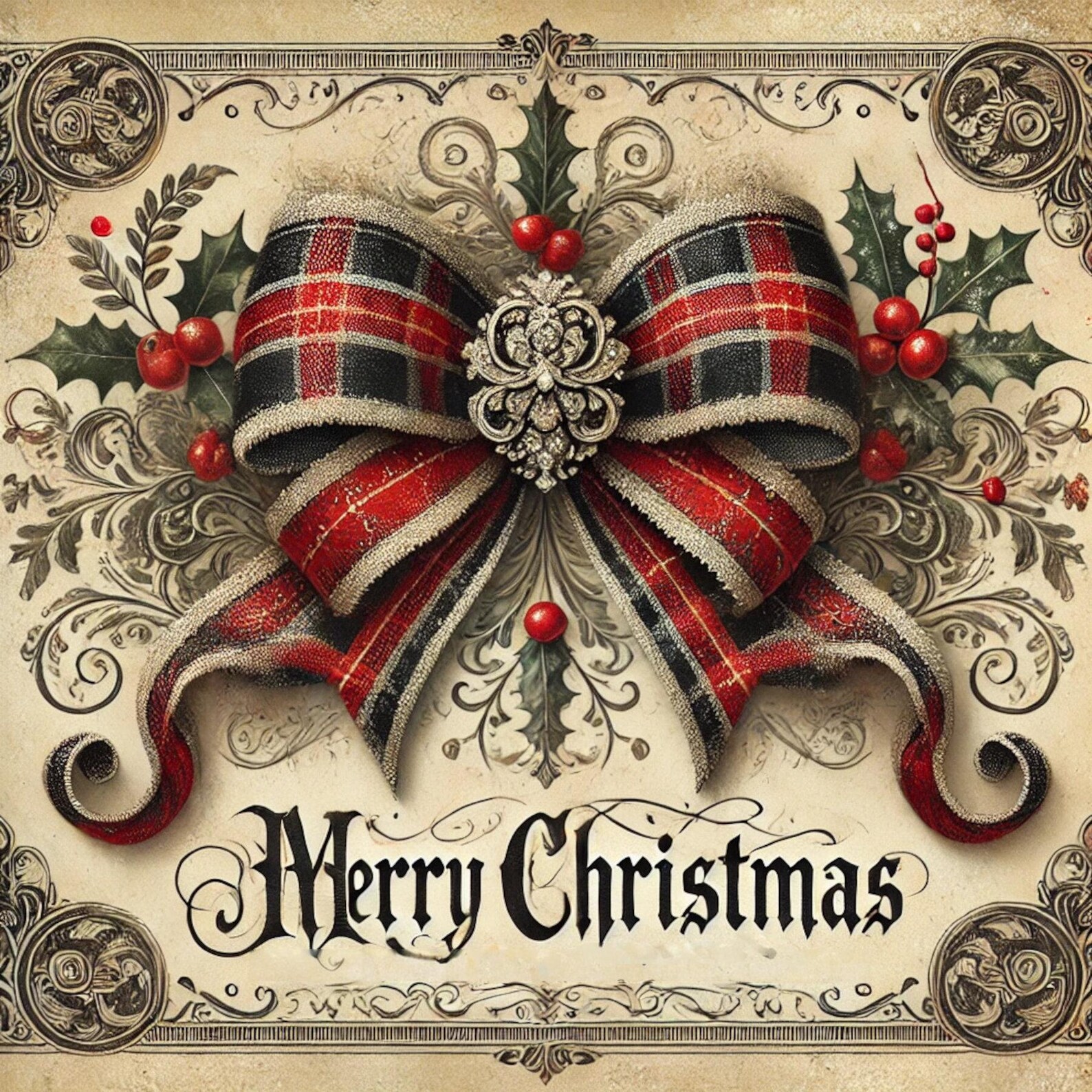 Tartan Christmas, Vintage Christmas, Plaid Bow Card, Merry Xmas Art ...