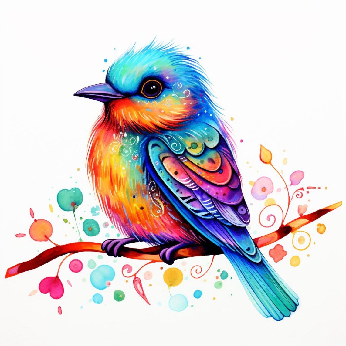 Decorative Bird, Blue Songbird, Folk Bird, Stylized Sparrow, Ornate ...