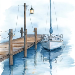 Dock Scene, Sailboat Art, Cozy Marina, Seaside Dock, Watercolor Pier ...