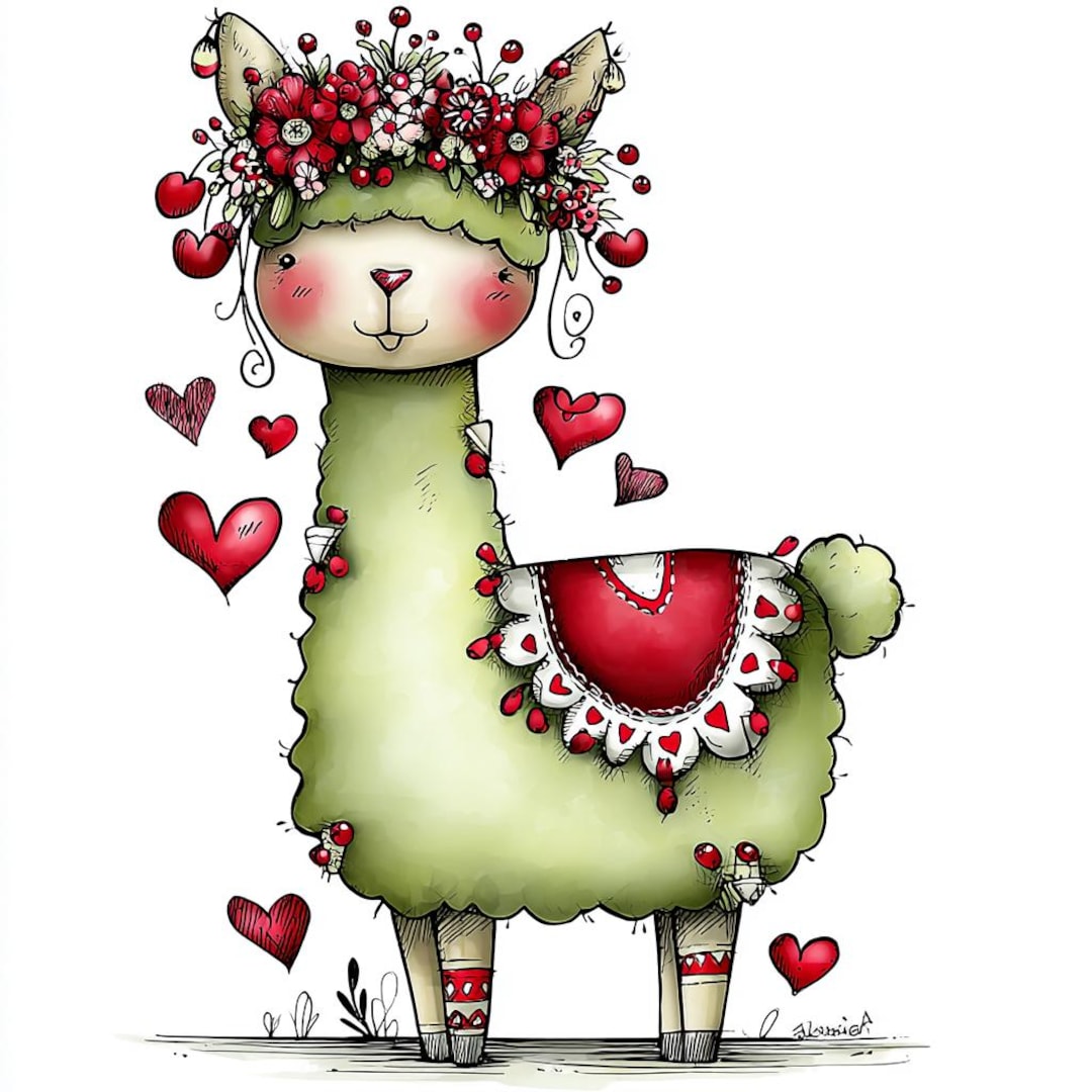 Whimsical Llama CLIPART With Heart Patches, Floral Crown Llama ...